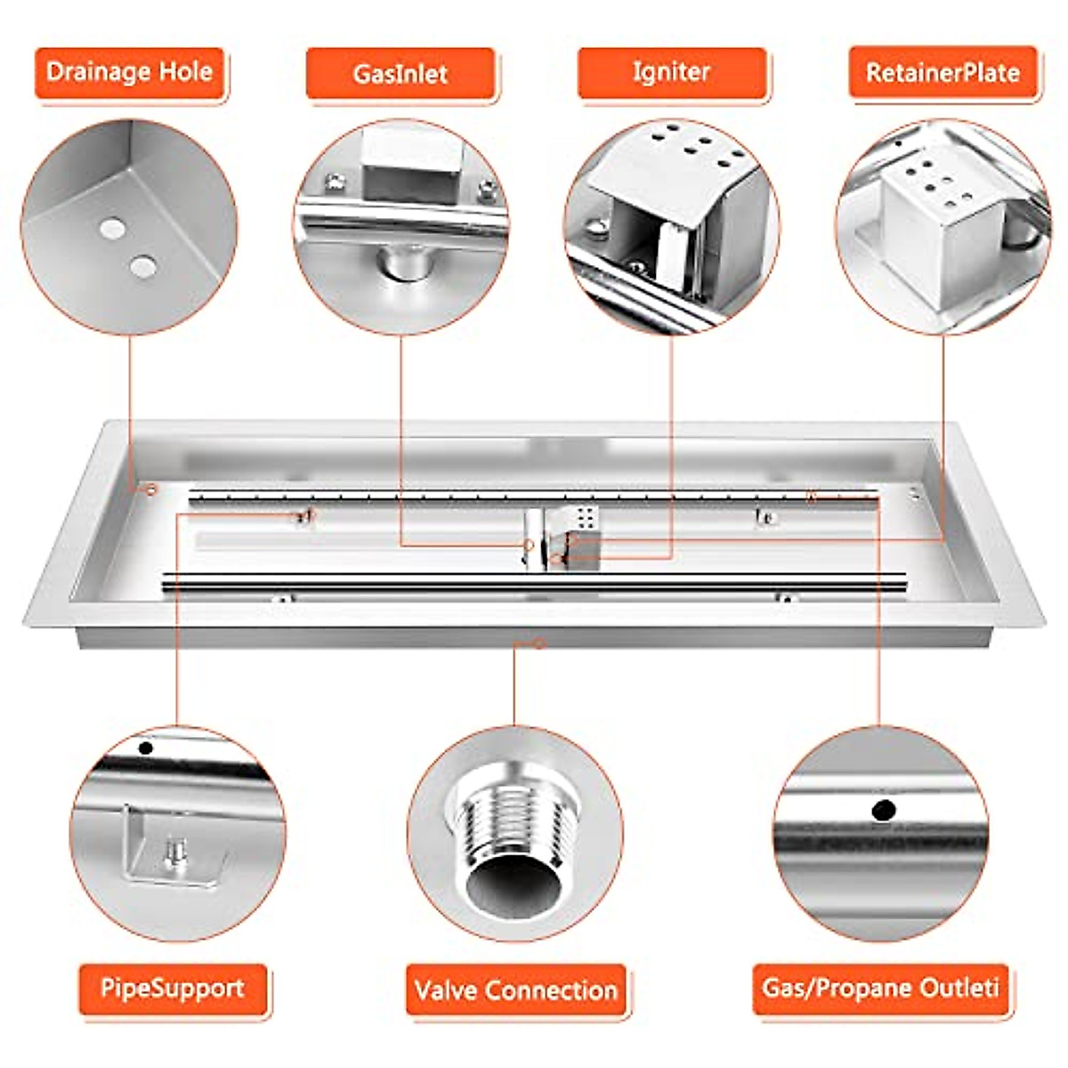 QuliMetal 24" x 8" Drop-in Fire Pit Pan with Spark Ignition Kit - Natural & Propane Gas Rectangular 304 Stainless Steel Fire Pit Burner Kit for Indoor & Outdoor, Rated for up to 150K BTU