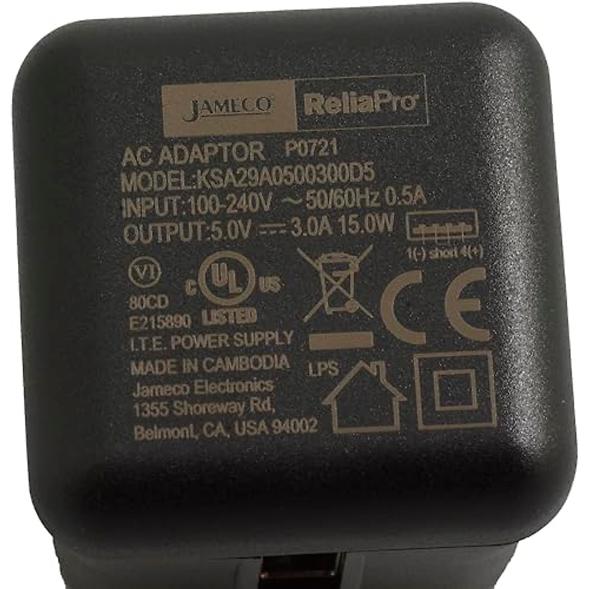 Jameco ReliaPro 5V 3A (3000mA) Compact Wall Adapter Power Supply with USB Port Output Foldable Terminals Charger