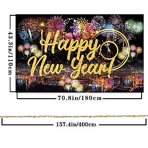 Famoby Happy New Year Fabric Sign Poster Backdrop with Fireworks for New Year Photo Booth Background Party Decoration