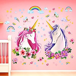 DECOWALL SG-2105 Large Unicorn Wall Stickers Rainbow Kids Colorful Decals Removable for Girls Nursery Bedroom Living Room Art Home Decor Decoration Toddler Little Princess Childrens