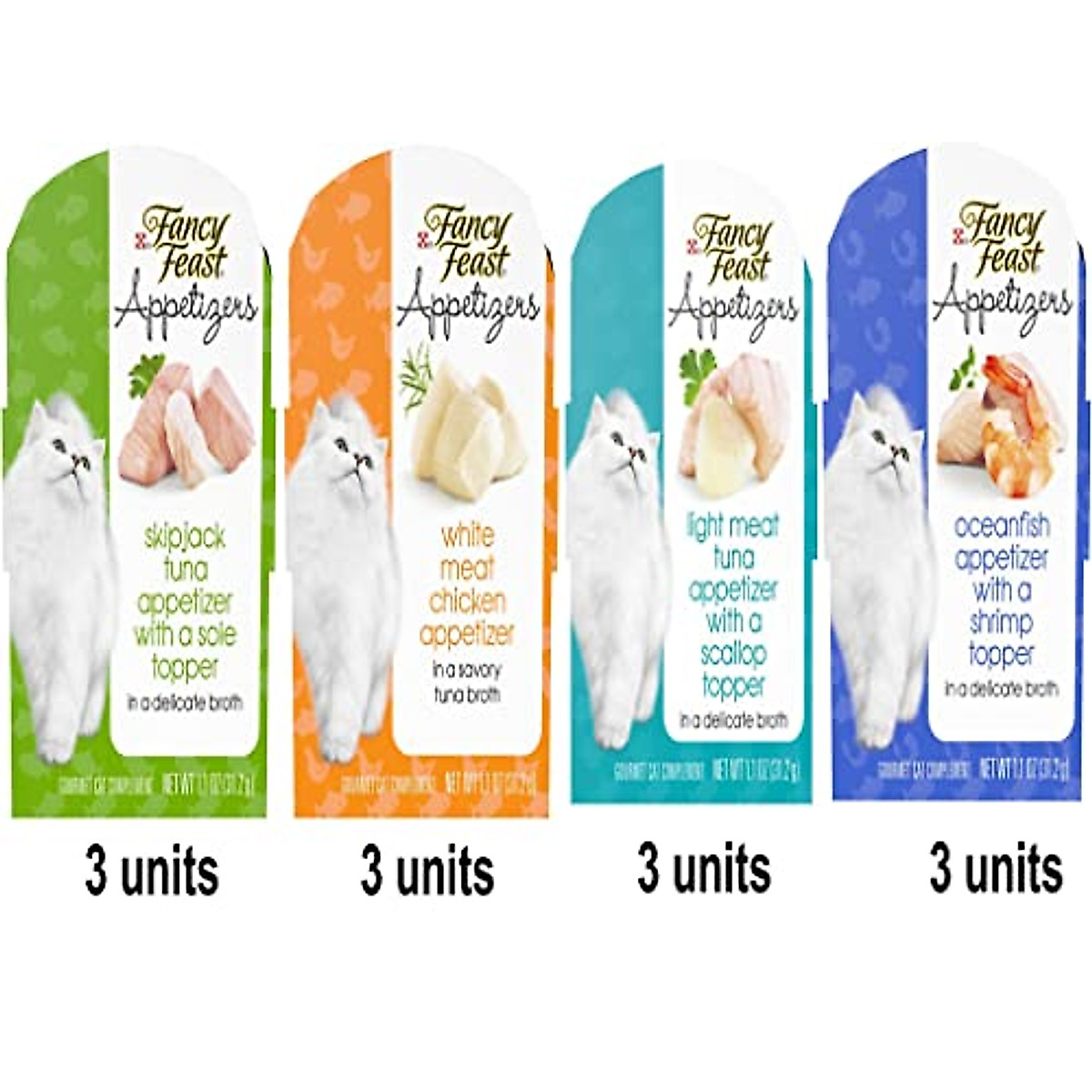 Purina Purely Fancy Feast Appetizers Cat Treats Flavor Variety Sampler Bundle of 12 Containers, (1.1 Ounces Each) with a Bundle a Plastic Noisy Cat Toy Ball and WMB's Sticker.