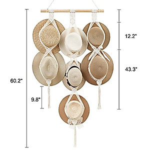 Dahey Macrame Hat Hangers Hat Rack for Wall Cowboy Hat Holder 7 Hats Style and Hat Organizer for Closet Hat Holder Organizer with 32 Stainless Steel Clips, Set of 2