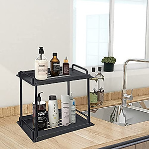 HUFEEOH 2 Tier Bathroom Organizer Countertop, Under the Sink Organizer Kitchen Spice Rack Storage Shelf Minimalist Cosmetic Organizer Holder - Black