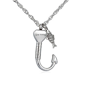 Gredstar Gone Fishing Urn Necklace for ashes Fish hook Cremation Urn Pendant Fishing in heaven Keepsake Jewelry (SILVER)