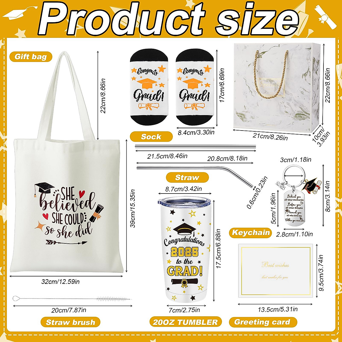 Ovveroche 2025 Graduation Gifts for Her Congrats Graduation Gift Box Steel Steel Tumbler Graduation Canvas Bag Keychains Cards Socks Gift Bag for Class of 2025 High School College Grad Gift