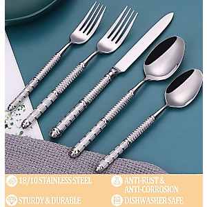Thomaso 20-piece Round Handle Silverware Set,1810 Stainless Steel Hammered Flatware Set for 4,Silver Spoons and Forks Set,Unique Round Handle Cutlery Set,Wedding Housewarming Gift, Dishwasher Safe