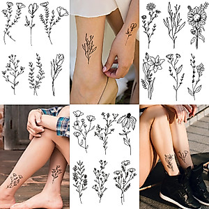 Cerlaza 75 Styles Tiny Black Flower Branch Temporary Tattoos For Women, 16 Sheets Realistic Wild Flower Floral Small Fake Tattoo, Wild Plant Tattoo Stickers for Adults Women Hands Legs Body Sticker