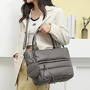 MYHOZEE Puffer Tote Bag, Large Padding Tote Handbags for Women Waterproof Quilted Crossbody Bags Gray
