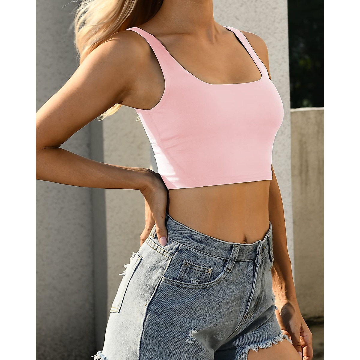 AVGO Square Neck Sports Bras for Women Sleeveless Crop Tank Top Removable Padded Yoga Athletic Tops(Girl Pink,Large)