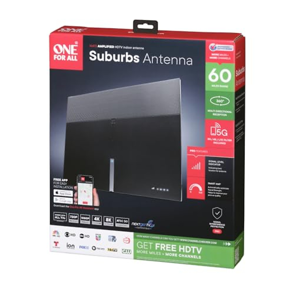 One for All 16472 HDTV 1080p Amplified Indoor TV Antenna 50 Mile Range with Multi Directional Reception, 8 Feet Coaxial Cable & Signal Level Indicator - Black