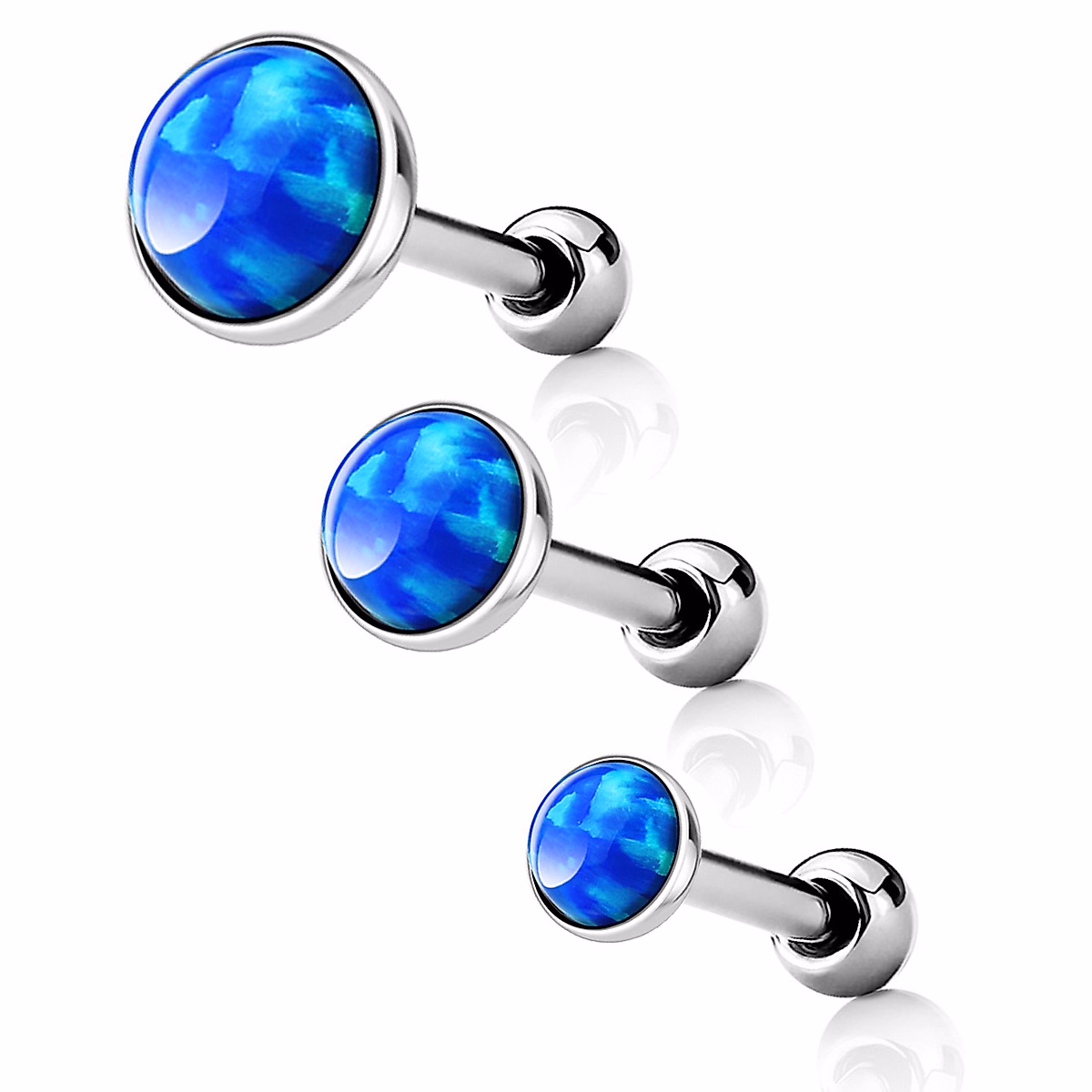 Forbidden Body Jewelry 3-Pack: 16g Surgical Steel Synthetic Blue Opal Cartilage Studs, 3mm/4mm/5mm Opalite