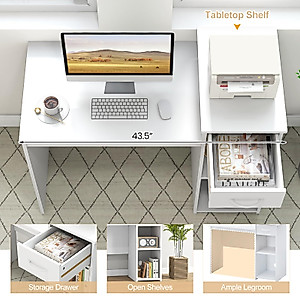 Giantex Computer Desk with Storage, Modern PC Laptop Table with Printer Shelf, Drawer, CPU Stand & Cable Hole, Compact Study Writing Desk Workstation for Small Spaces Home Office, White