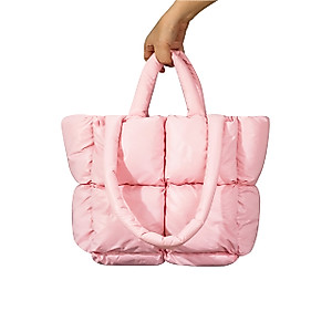 BDSX Large Puffer Shoulder Bag, Trendy Luxury Chic Quilted Cotton Padded Tote Bag for women, Winter Soft Puffer Tote Bag Nylon Down Pillow Bag Women's Handbags & Shopper Bag(Pink)