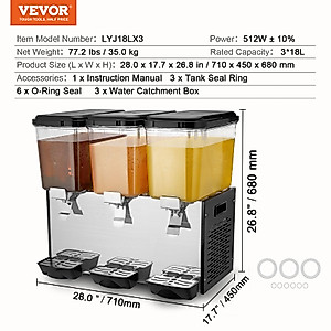 VEVOR Commercial Beverage Dispenser, 3 Tanks 18 L / 19 QT Per Tank Juice Dispenser, 512W Stainless Steel Ice Tea Drink Machine with 45°F-54°F Cooling Temperature, for Cold Drink Restaurant Bar Party