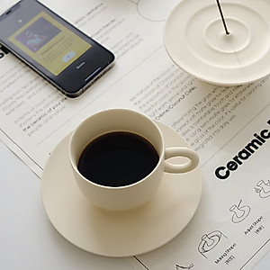 WENSHUO Cappuccino Cup, Round Retro Coffee Mug, Cup and Saucer Set, Matte Crème, 6.7 oz