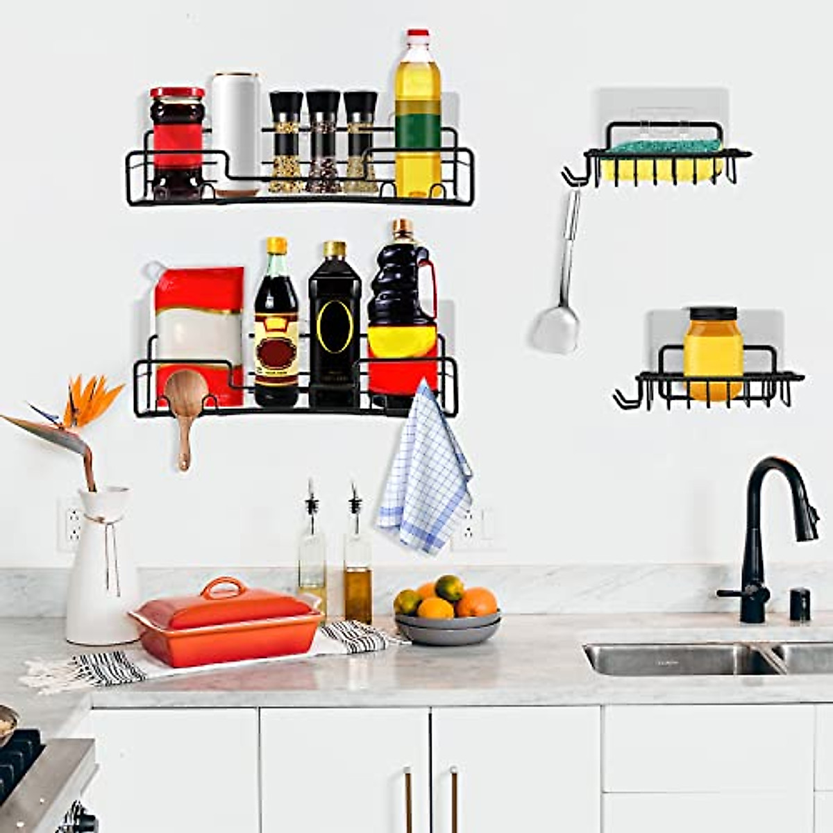 Locsee Shower Caddy Shelf Organizer 2PCS with Soap Dishes 2PCS, Bathroom Accessories with Hooks, No Drilling Basket Shelf Wall-Mounted Shower Storage Accessories (Black)