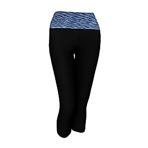 Womens Two Tone Foldover Fabirc Stretch Yoga Gym Capri Leggings Pants - Black/Royal Blue, L/XL