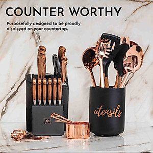 Copper Knife Set with Block - 14 PC Self Sharpening Knife Block Set - Rose Gold Knife Set & Black Knife Block with Sharpener - Copper Kitchen Accessories and Decor
