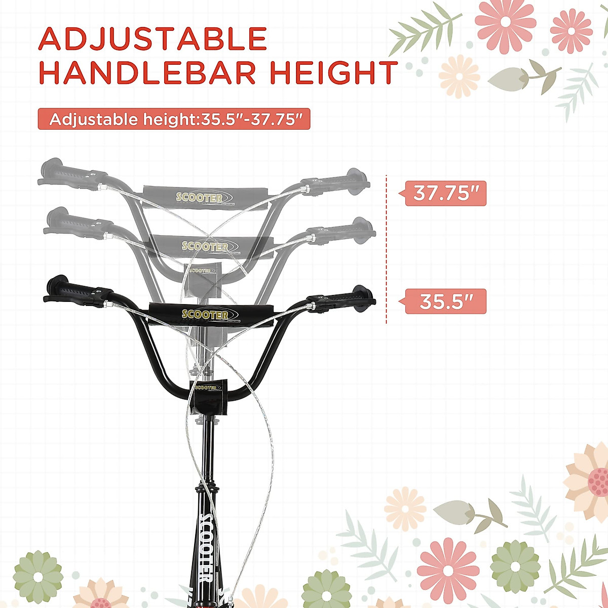 Aosom Youth Scooter Kick Scooter for Kids 5+ with Adjustable Handlebar 16" Front and Rear Dual Brakes Inflatable Wheels, Black