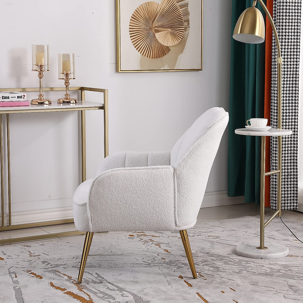 Goujxcy Teddy Barrel Chair Accent Armchair with Golden Legs for Living Room Bedroom Home Office, Tufted Back Club Chair (White3)