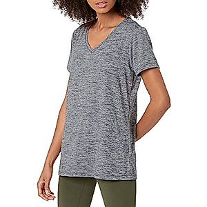 Amazon Essentials Women's Tech Stretch Short-Sleeve V-Neck T-Shirt (Available in Plus Size), Pack of 2, Black/Dark Grey Space Dye, Medium