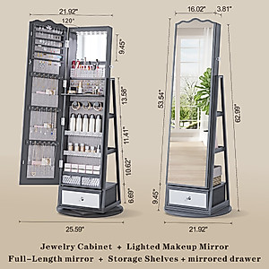 Dystler Full-Length Mirror Jewelry Cabinet: 360°Swivel Jewelry Armoire Cabinet with LED Lights - Built in Vanity Mirror Lockable Standing Jewelry Organizer with Large Capacity Shelves& Drawer Grey