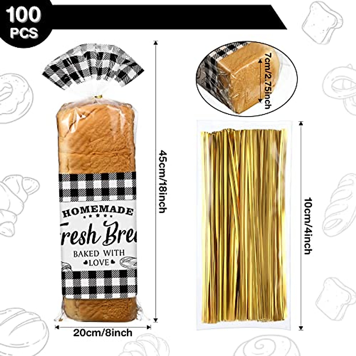 50 Pieces Bread Bags for Homemade Bread Christmas Clear Plastic Bread Bags with Twist Ties Black Buffalo Plaid Bread Bag Fresh Bread Bag for Rolls and Cookies for Home Bakers and Bakery