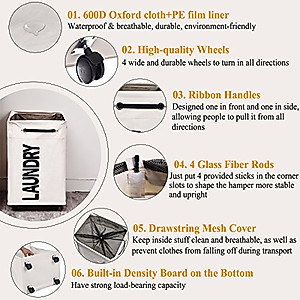 Haundry 86L Large Collapsible Laundry Hamper with Wheels, Rolling Large Clothes Hamper Basket, Wheeled Dirty Clothes Storage Bin, Beige