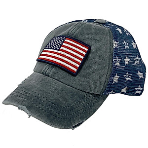 CC Everyday Distressed Trucker Mesh Summer Vented Baseball Sun Cap Hat (Patch American Flag)