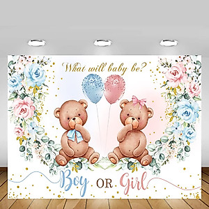 MEHOFOND 8x6ft Bear Gender Reveal Baby Shower Party Backdrop Boy or Girl Blush Pink Blue Floral Photography Background Party Decor Blue and Pink Balloons Gold Confetti Photobooth