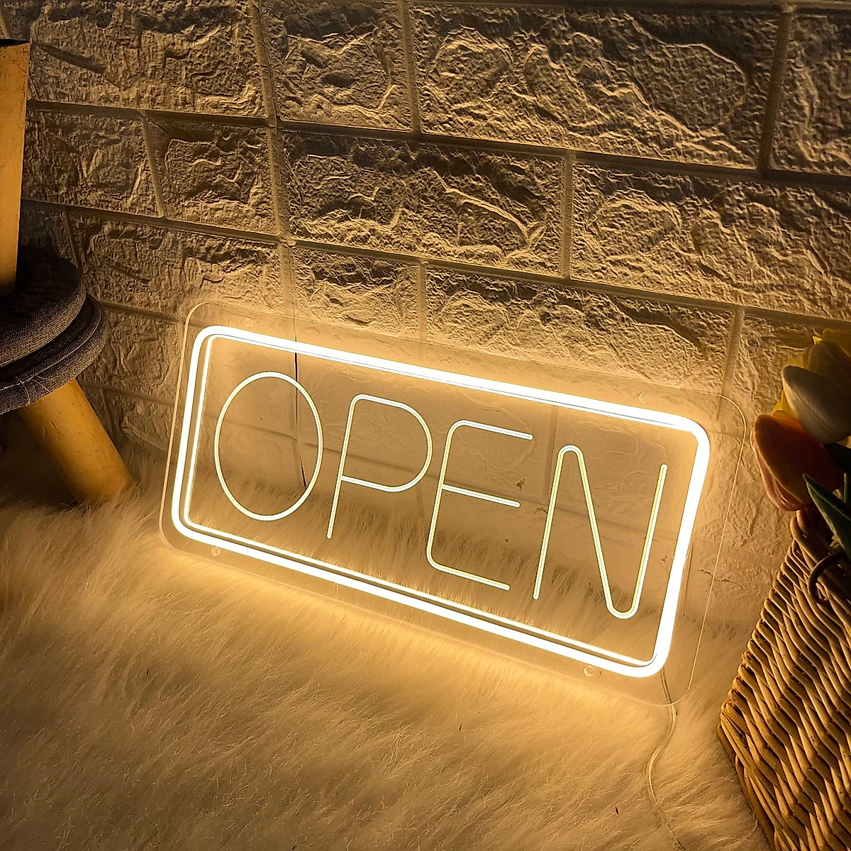 Neon Open Sign for Business, Personalized LED Open Light Up Sign Powered by USB for Bar, Stores, Salon, Coffee Shop Window, Hotel etc Small Business Welcome Neon Sign, Warm White, 15.7x7.5in