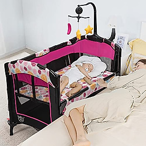 BABY JOY 4 in 1 Pack and Play, Baby Bedside Sleeper with Bassinet, 3 Adjustable Heights, Music Box, Easy to Install, Foldable Bedside Crib w/Changing Table, Playards from Newborn to Toddlers