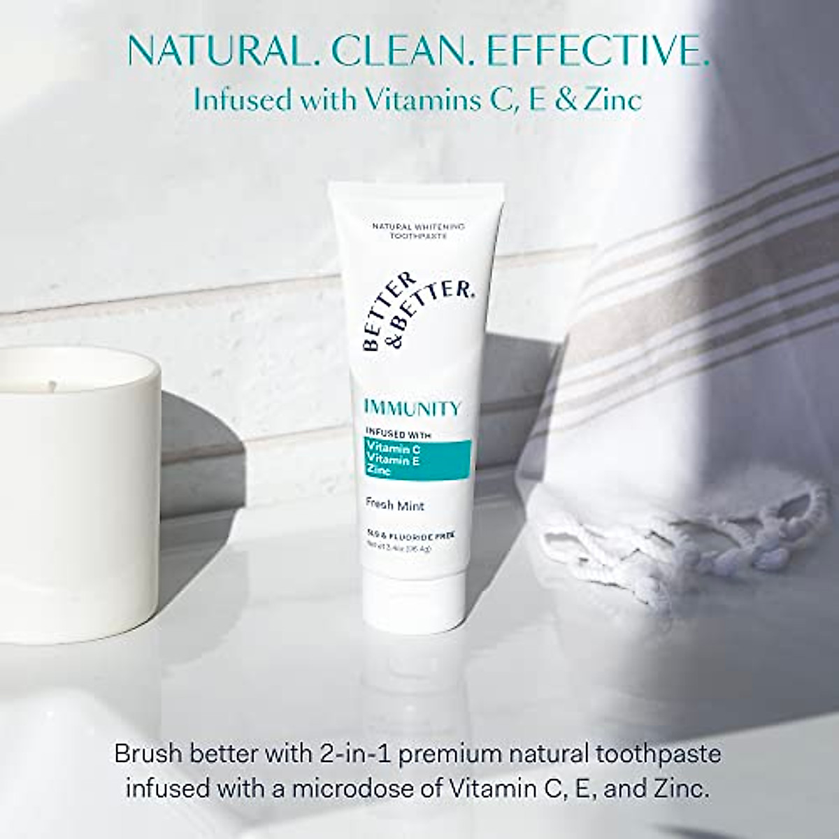 Better & Better Immunity Toothpaste with Vitamin C, E & Zinc | Fluoride Free, SLS Free Toothpaste 1CT | Freshens Bad Breath | Natural, Vegan, Whitening Toothpaste for Immune Support with Organic Mints