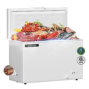 Aplancee 10 Cu.Ft. Chest Freezer 1 Removable Basket Deep Small Compact Freezer Top Door 7 Temperature Control from -13℉-14℉ Energy Saving Home Restaurant Kitchen Office RVs White