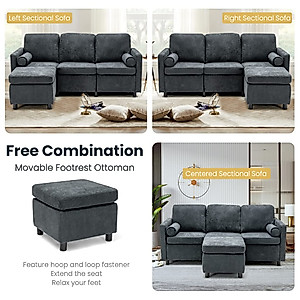 FANCUF Convertible Sectional Sofa 3 Seat L-Shape Couch Movable Ottoman Toweling Fabric