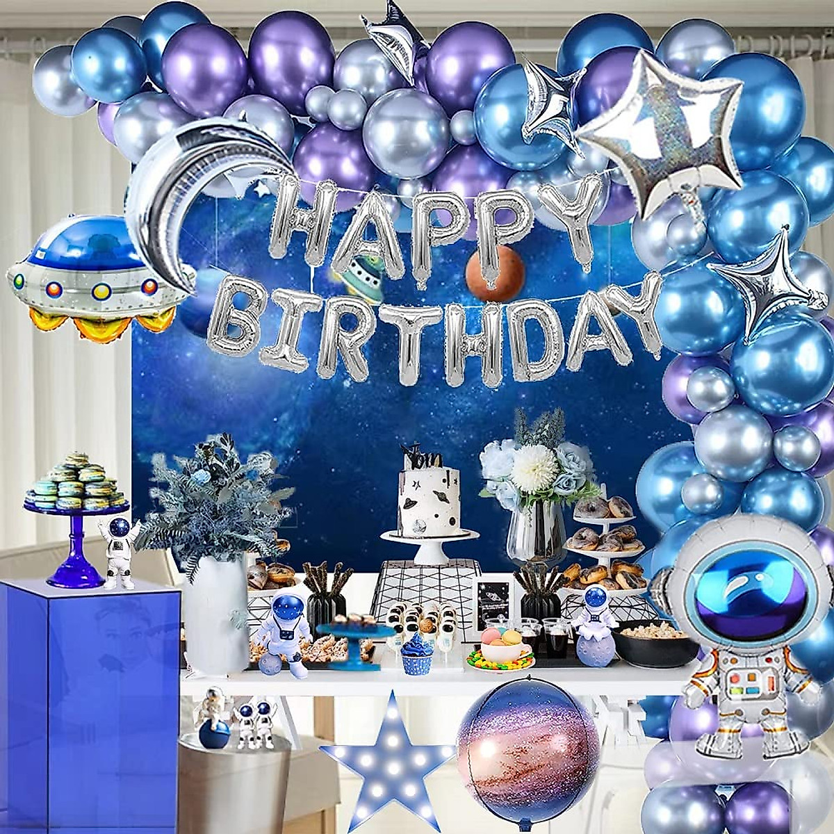 Outer Space Balloon Garland Kit, 115Pcs Universe Space Planets Party Balloon Garland Kit Included Happy Birthday UFO Rocket Astronaut Galaxy Moon Star Balloons for Kids Birthday Party Decorations
