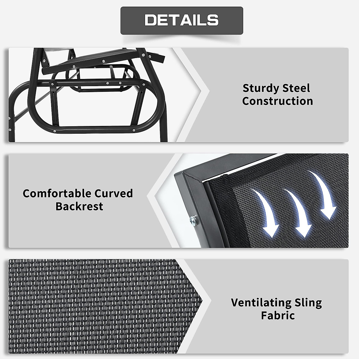 KROFEM Patio Outdoor Glider Bench, High Backrest and Breathable Mesh Fabric, Yard Porch Loveseat, Outside Rocking Swing Chair, Heavy Duty Metal, Clearance, Black