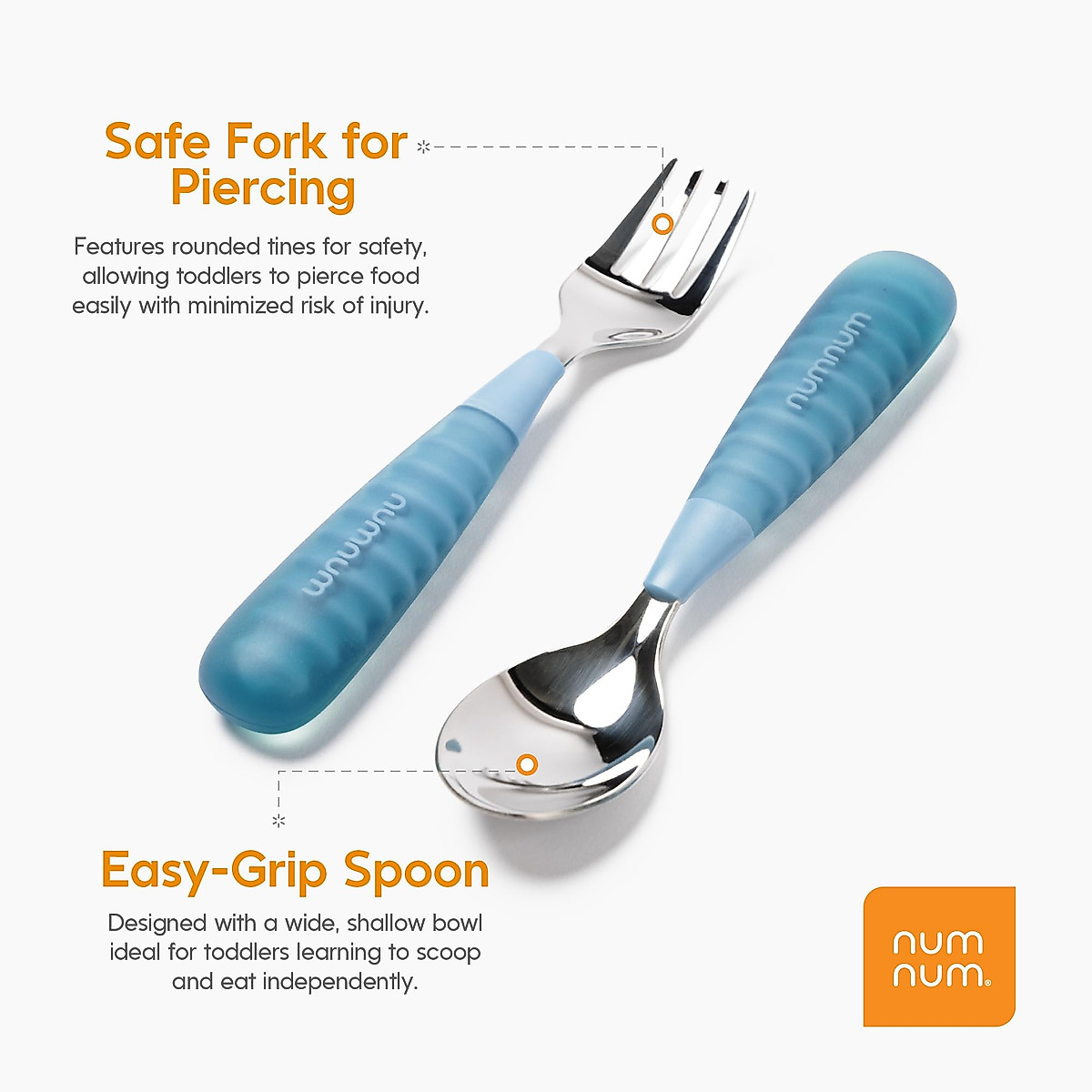 NumNum Toddler Utensils, Pre-Spoon, Fork & Spoon GOOtensils - 4th Stage Silverware for Kids Aged 2+ Years w/Stainless Steel Heads - Silicone Food Feeding Supplies - Set of 4, Pacific Blue & Sea Green