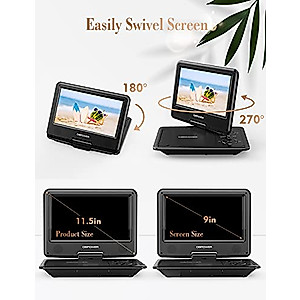 DBPOWER 11.5" Portable DVD Player, 5-Hour Built-in Rechargeable Battery, 9" Swivel Screen, Support CD/DVD/SD Card/USB, Remote Control, 1.8 Meter Car Charger, Power Adaptor and Car Headrest (Black)