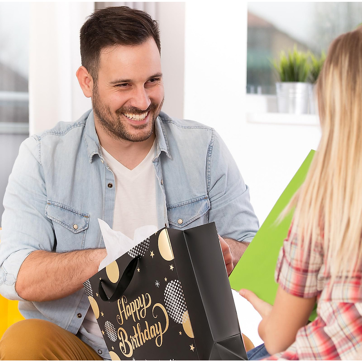 U'COVER 13" Black Happy Birthday Gift Bags Medium Size for Men Gold & Silver Foil Polka Dots Gift Bag with Handles for Father Husband with Card & Tissue Paper (Black & Golden)