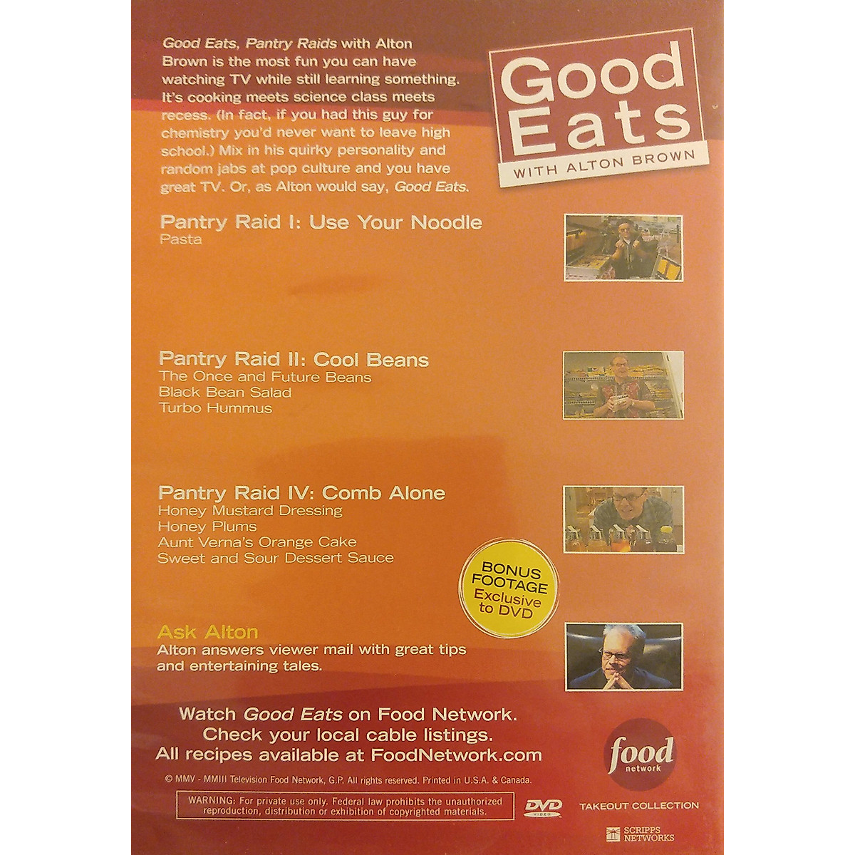 Food Network Takeout Collection DVD - Good Eats With Alton Brown Pantry Raid I Use Your Noodle / Cool Beans / Comb Alone
