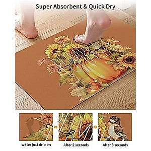 Bathroom Floor Shower Mat, Non-Slip Small Rugs - Easy to Clean, Fall Thanksgiving Pumpkin Sunflower Bird Brown Background Durable Bath Rug 16"x24" Washable Quick Dry Mats for Bathtubs