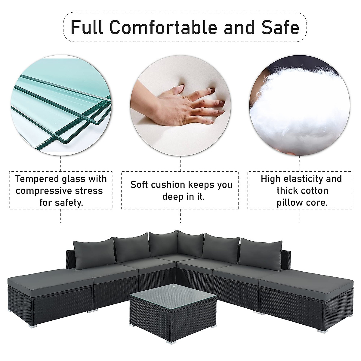 XD Designs 8-Pieces Outdoor Patio Furniture Sets, All Weather PE Wicker Sectional Sofa Set with Tempered Glass Table, Garden Conversation Set with Comfortable Cushion (Gray Cushions)