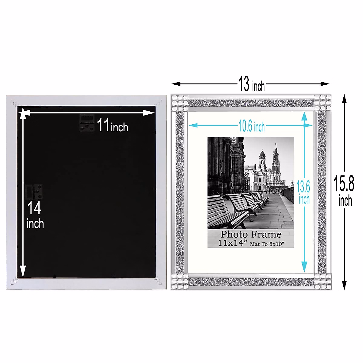 Meetart Sparkle Crystal Silver Glitter Mirror Glass Photo Frame 11x14 inch Mate to 8x10 inch 2 Piece Pack