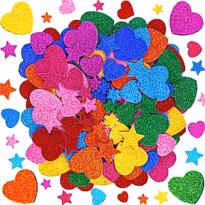 450 Pieces Colorful Glitter Foam Stickers Self Adhesive Stars Mini Heart Shapes Glitter Stickers, Kid's Arts Craft Supplies Greeting Cards Stars Shapes Foam Stickers
