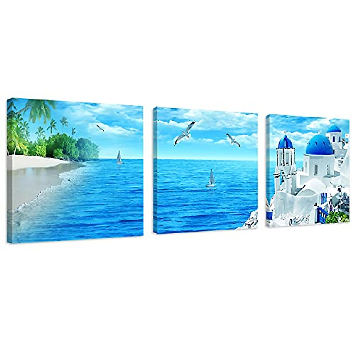 PINKNORDIC Santorini Landscape Beach Canvas Wall Art Mediterranean Blue Churches Seascape Nordic Style Canvas Painting Prints for Home Living Bathroom Wall Decor 12x12inchX3pcs