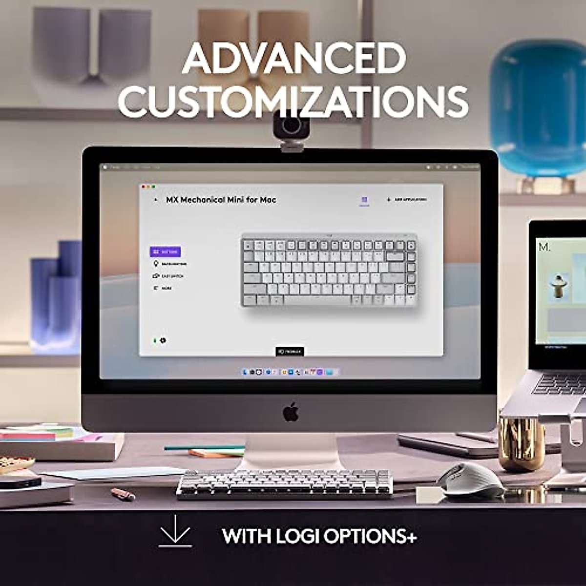 Logitech MX Mechanical Mini for Mac Wireless Illuminated Keyboard, Low-Profile Performance Switches, Tactile Quiet Keys, Backlit, Bluetooth, USB-C, Apple, iPad - Pale Grey