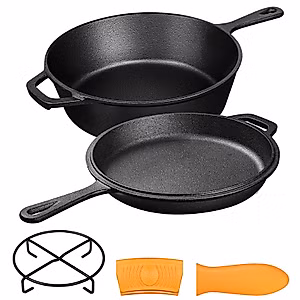 MICHELANGELO Cast Iron Skillet with Lid, 2-In-1 3 Qt Dutch Oven & 9.5" Skillet With Pre-seasoned Interior, Preseason Cast Iron Skillets with Lid, Cast Iron Skillets