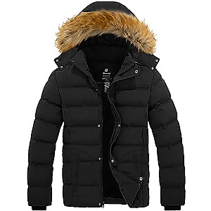 Wantdo Men Puffer Coat Casual Fur Hooded Warm Winter Jacket (Black, Medium)