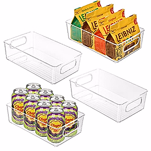 Tasmy Set of 4 Refrigerator Organizer Bins - Stackable Fridge Organizers with Handles for Freezer, Kitchen, Countertops, Cabinets - Clear Plastic Pantry Food Storage Rack, BPA Free